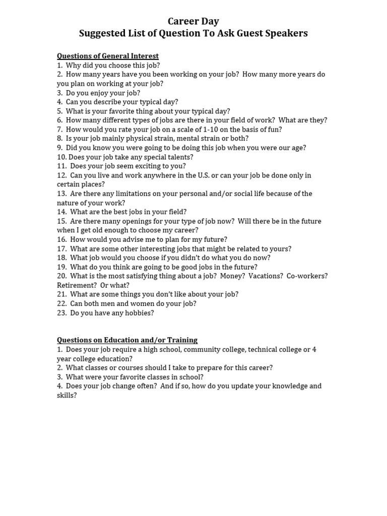 Question To Ask Guest Speakers at Career Day | PDF | Economies | Business