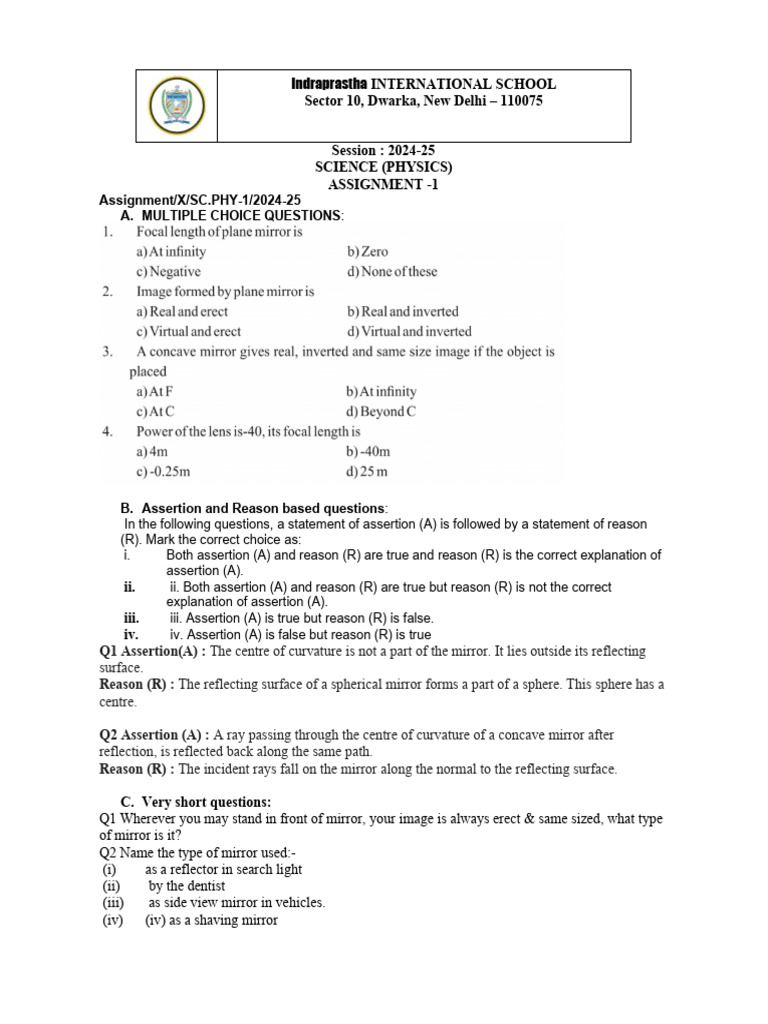 Assignment - 1 Physics Class 10 Science (2024-25) | PDF