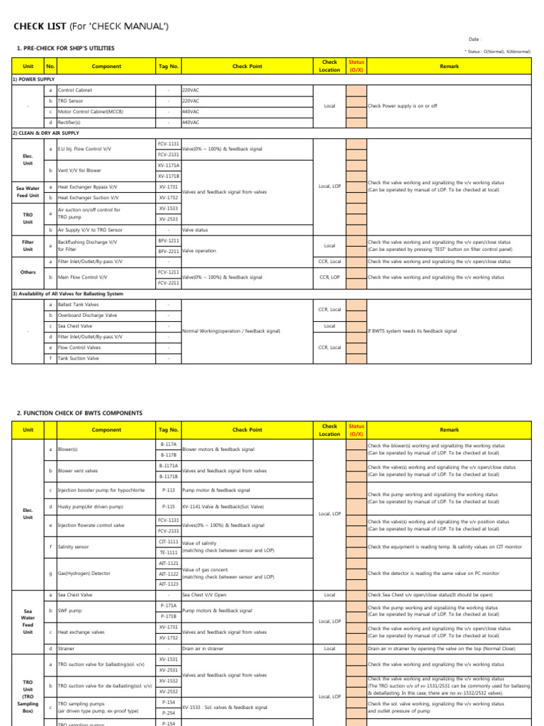 Check List For BWTS | PDF | Pump | Valve