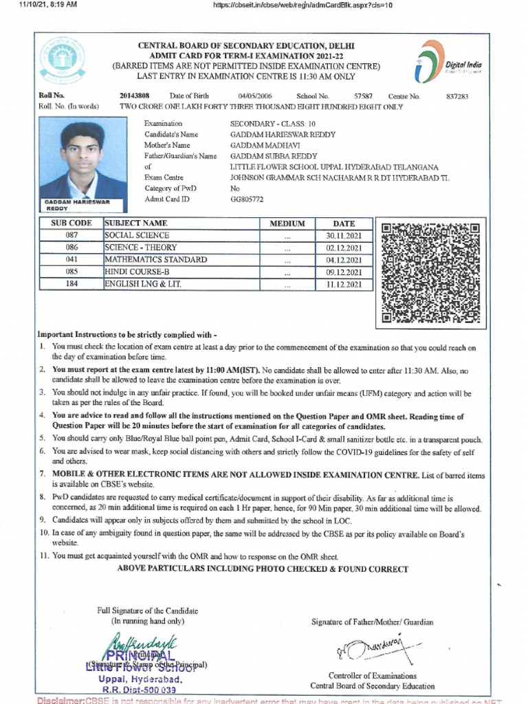 Harieshwar's 10th Hallticket & Admit Card | PDF