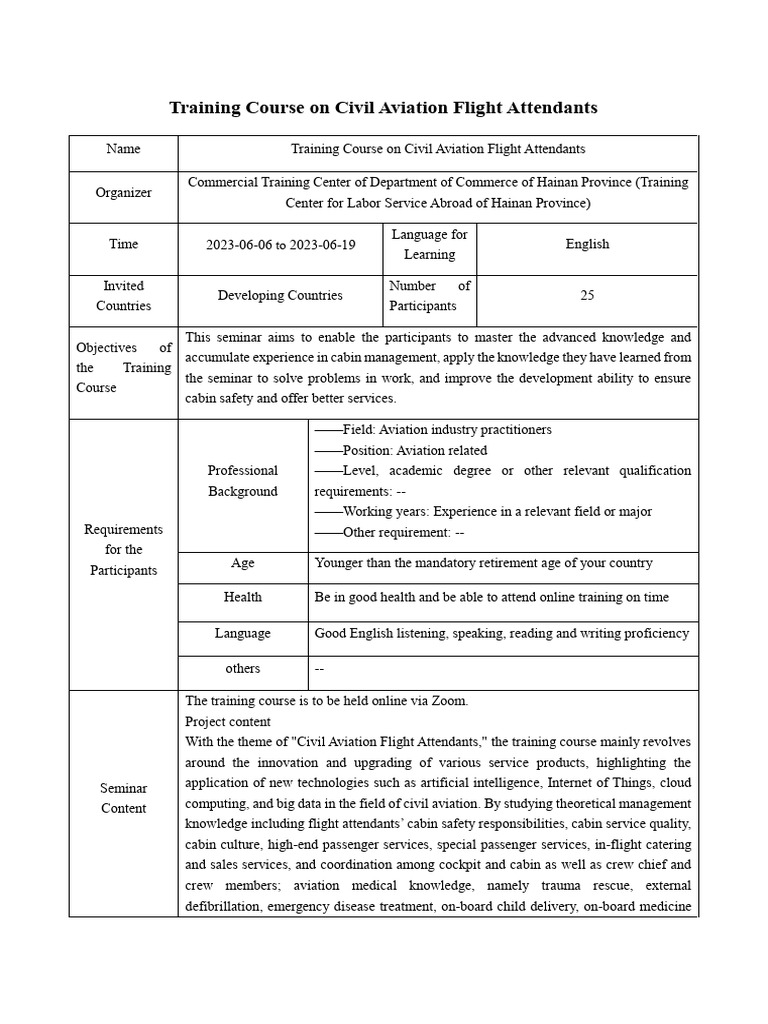 Training Course On Civil Aviation Flight Attendants, June 6 To 19, 2023 ...