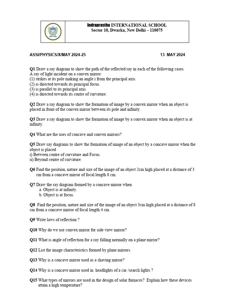 Assignment 2 Physics Class10 Science (2024-25) | PDF | Mirror | Glass ...