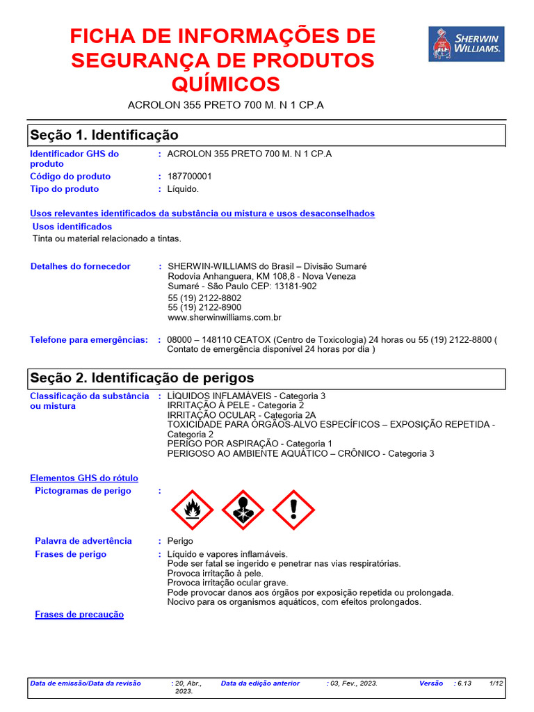 Ficha de Segurança Acrolon 355 Preto | PDF | Desperdício | Incêndios