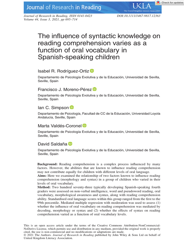 Journal Research in Reading - 2021 - Rodríguez Ortiz - The Influence of Syntactic Knowledge On ...