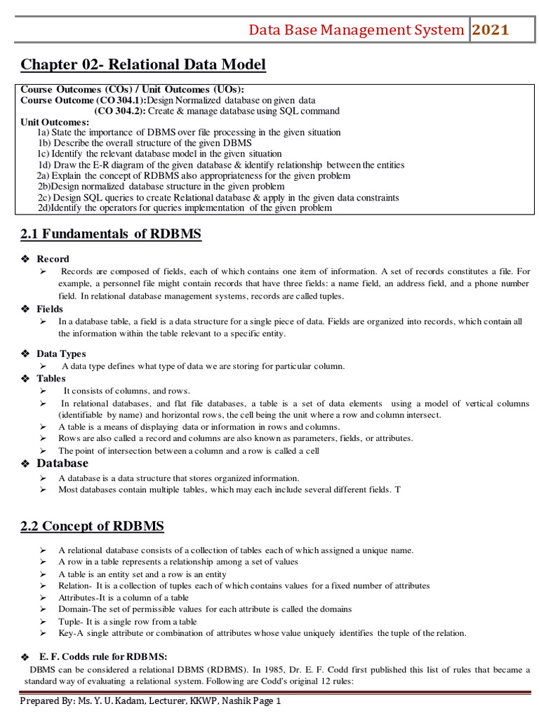 Kkw Unit 2 Relational Data Model Pdf Relational Database Relational Model