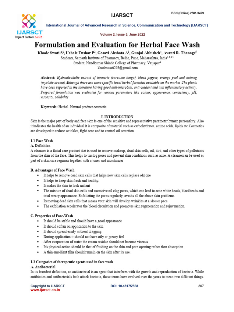 Formulation and Evaluation For Herbal Face Wash: Ijarsct | PDF ...