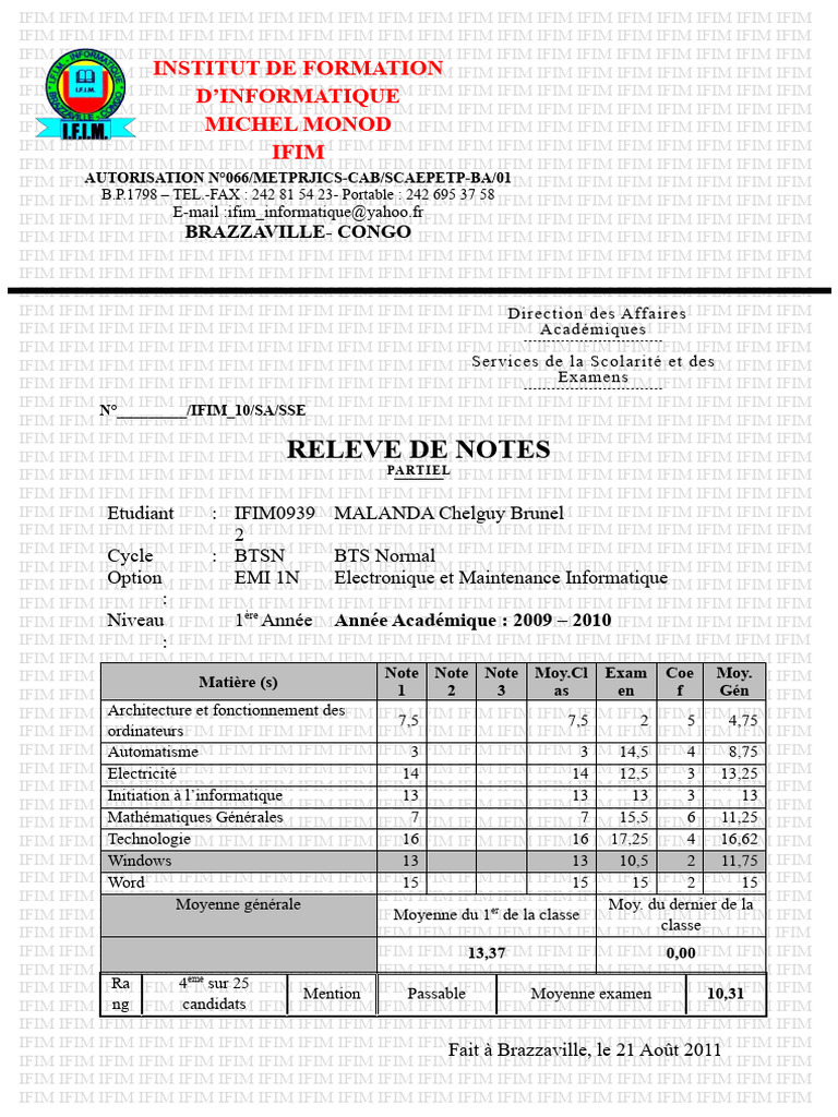 Releve de Notes Partiel | PDF