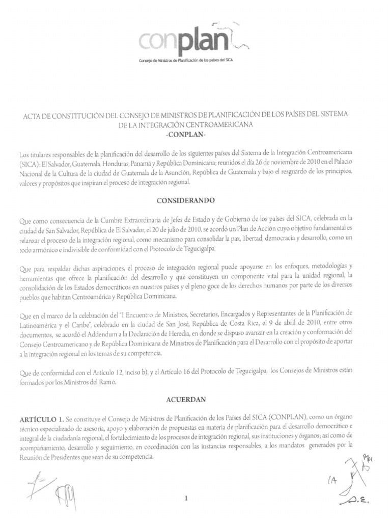 Acta Constitutiva Del Consejo de Ministros de Planificacion de Los Paises Del SICA (CONPLAN) | PDF