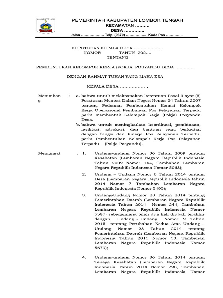 Contoh SK Pokja Posyandu Desa - 2021 | PDF