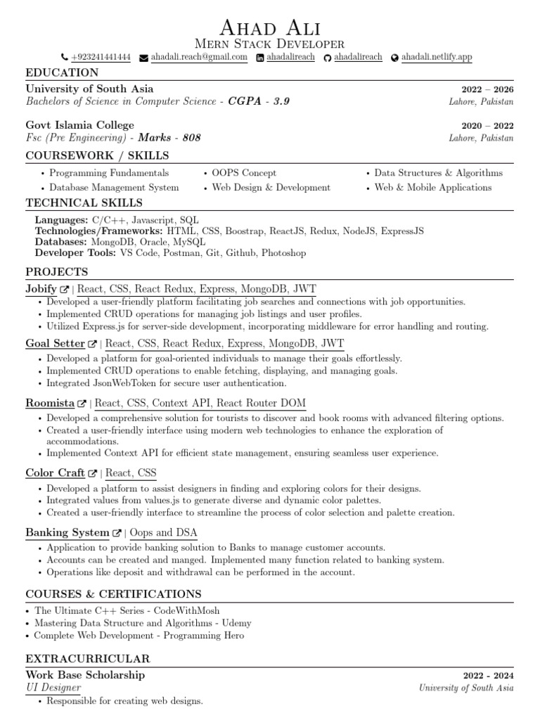Ahad Ali Mern Stack Dev Resume | PDF | World Wide Web | Internet & Web
