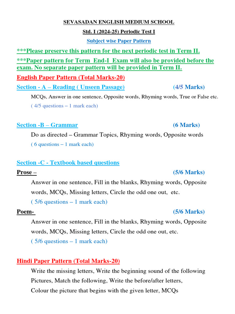 01_Std_1_Subject wise Paper Pattern_Periodic 1 -24-25 | PDF | Multiple ...