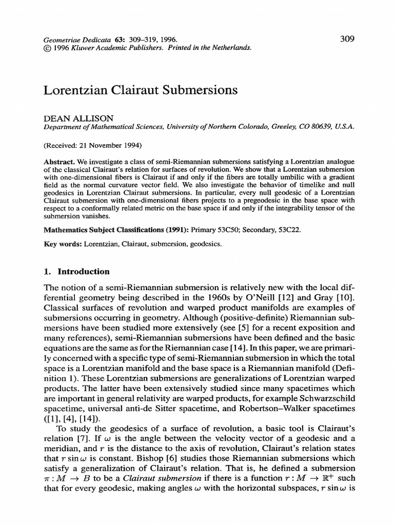 1996 - Lorentzian Clairaut Submersions | PDF | Manifold | Space (Mathematics)