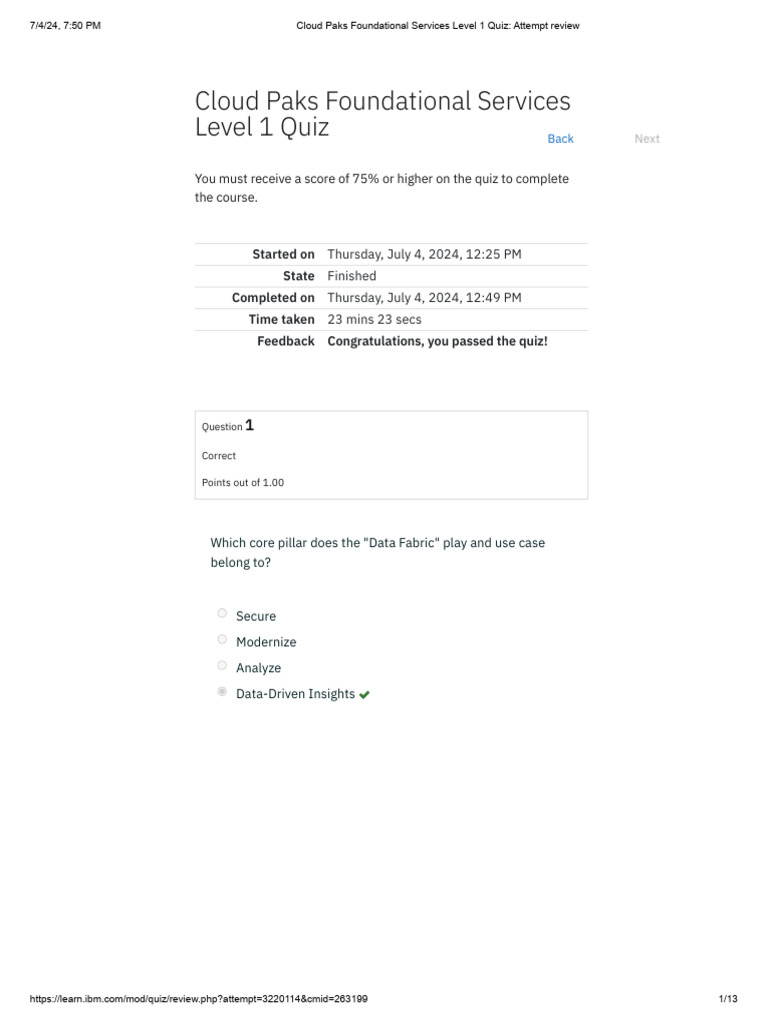 Cloud Paks Foundational Services Level 1 Quiz - Attempt Review | PDF | Cloud Computing | Computing