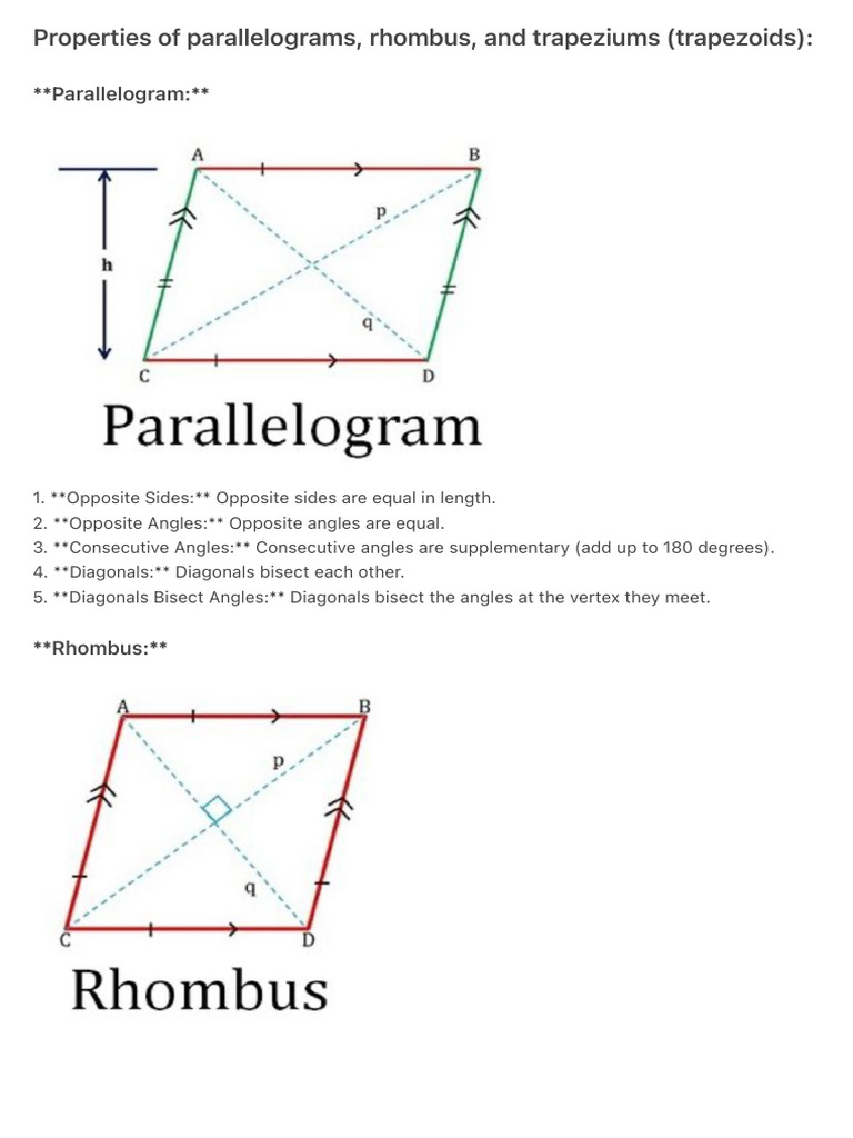 Properties of Parallelograms, Rhombus, and Trapeziums (Trapezoids | PDF ...