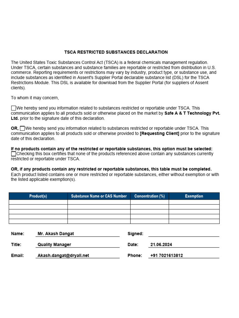 TSCA Restrictions Declaration Template | PDF | Finance & Money ...