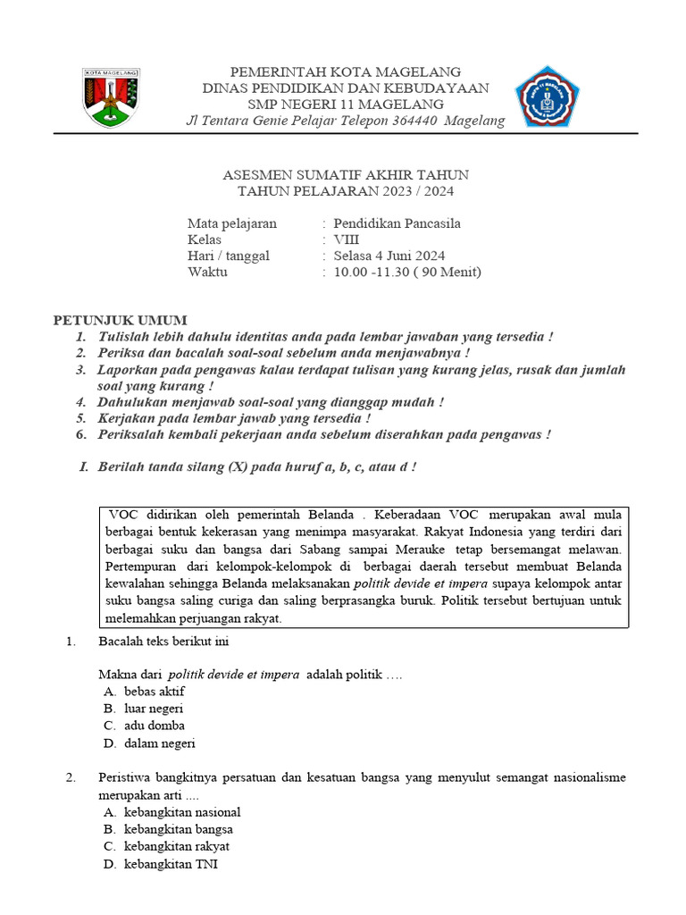 ASESMEN SUMATUF AKHIR TAHUN KELAS 8 2024 FIX | PDF