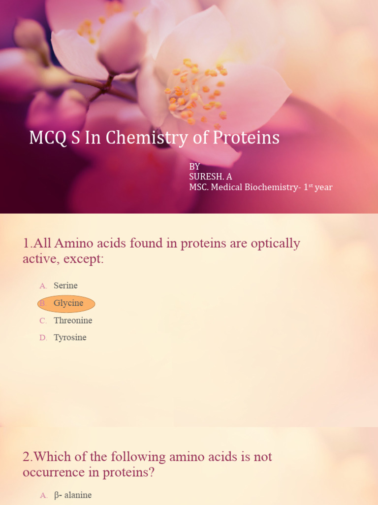 Chemistry of Proteins MCQ - Suresh | PDF | Amino Acid | Proteins Chemistry of Proteins MCQ - Suresh | PDF | Amino Acid | Proteins