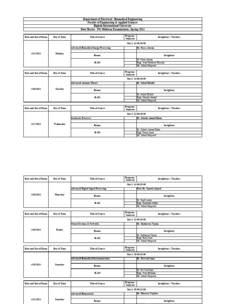 Duty Roster PG Spring 2024 | PDF
