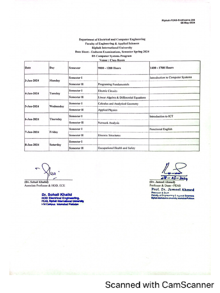 BS Computer Systems End Term Exams Date Sheets Spring 2024 | PDF
