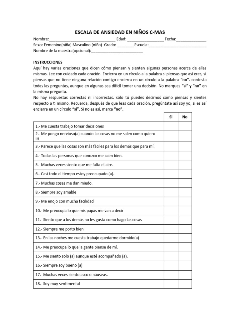 Escala de Ansiedad en Niños C-Mas R | PDF