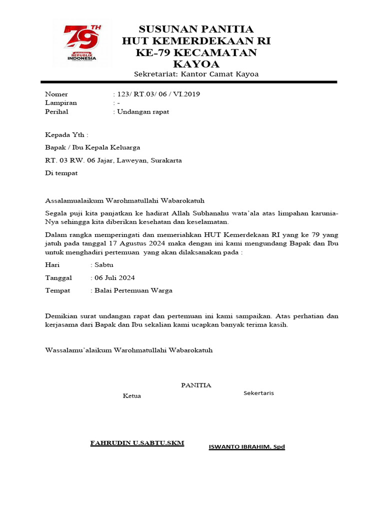 Contoh Surat Undangan Resmi Rapat Ketua RT HUT RI | PDF