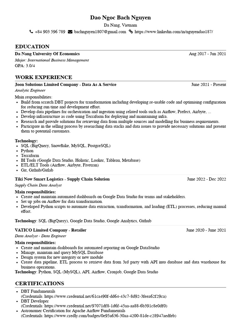 Nguyen Dao - Analytics Engineer Resume | PDF | Data Warehouse | Databases
