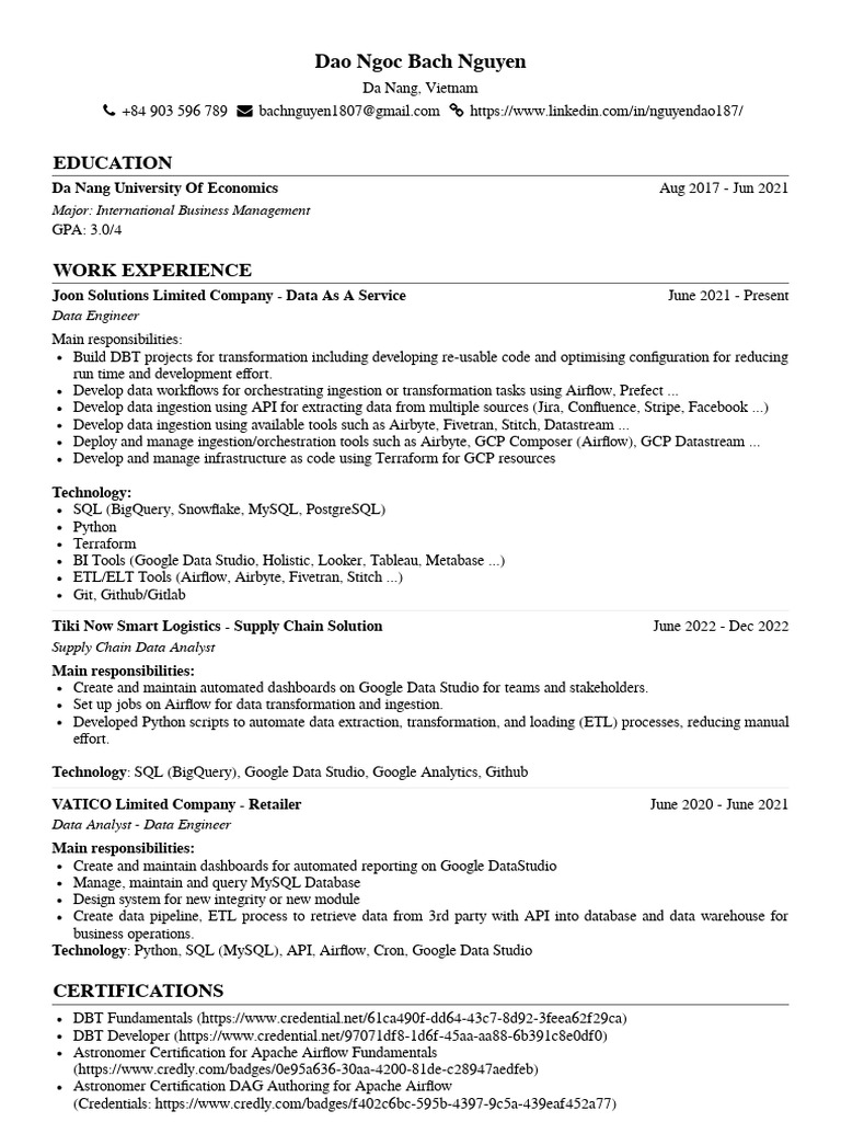 Data Engineer Resume - Nguyen Dao | PDF | My Sql | Data Management Software