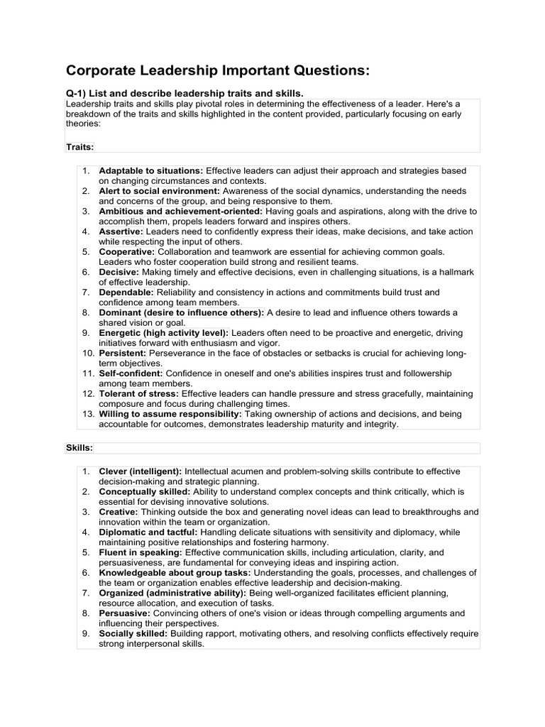 Corporate Leadership Important Questions | PDF | Leadership ...