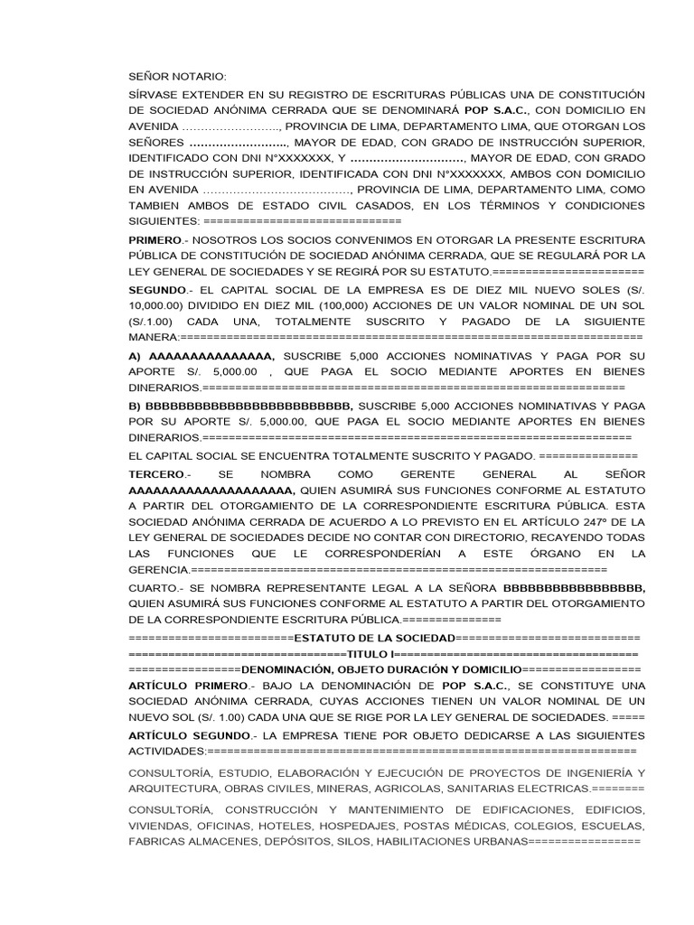 Modelo Minuta Constitucion de Sac | PDF | Bancos | Pagaré
