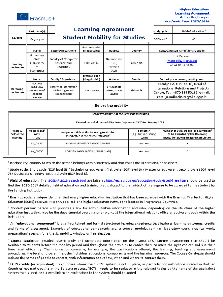 ERASMUS Learning Agreement For Studies | PDF | Academic Degree | Information