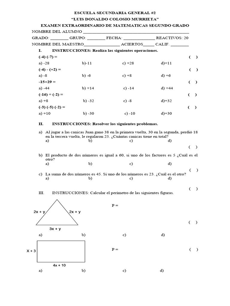 Examen Diagnóstico Segundo Grado Secundaria | PDF | Matemáticas
