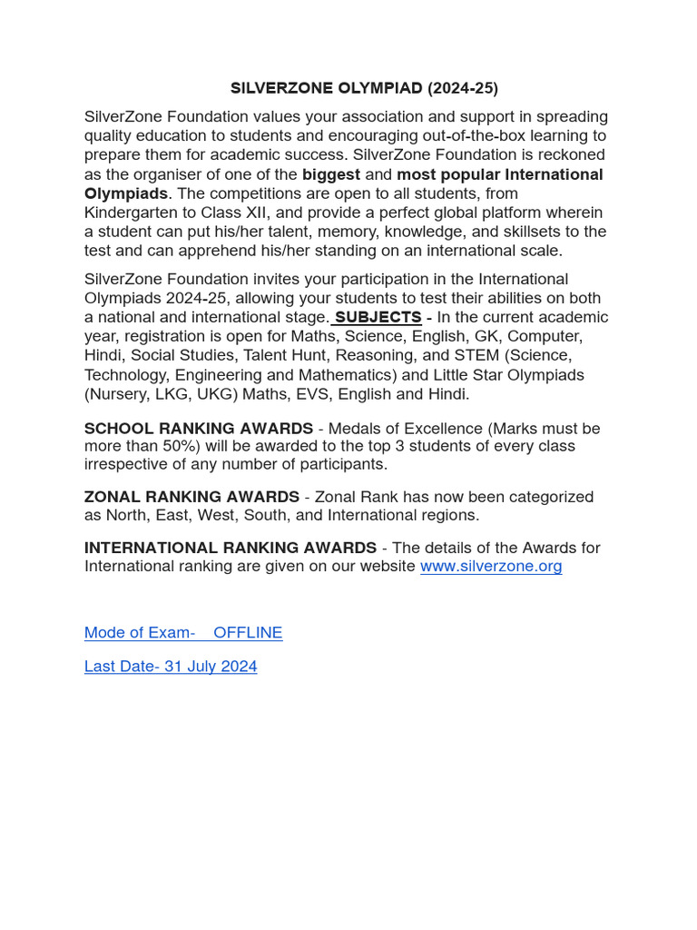 SilverZone Olympiad 2024-25 Registration | PDF
