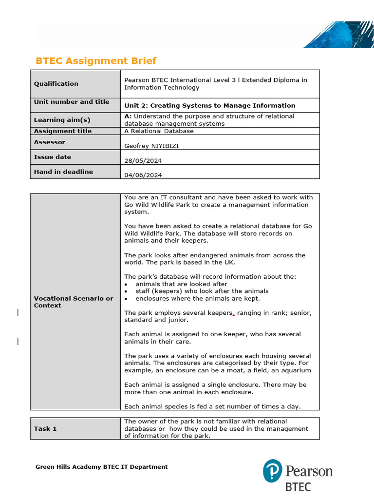 Unit 2 Learning Aim A Assignment Brief | PDF | Zoo | Databases Unit 2 Learning Aim A Assignment Brief | PDF | Zoo | Databases
