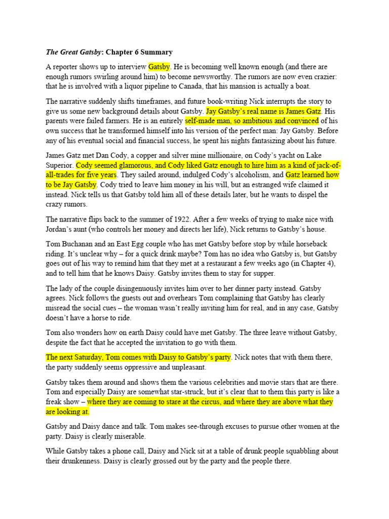The Great Gatsby Chapter 6 Summary | PDF | The Great Gatsby