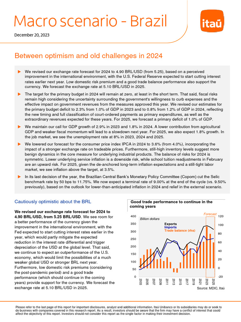 Macro Scenario - Brazil December 2023 | PDF | Government Budget Balance | Inflation