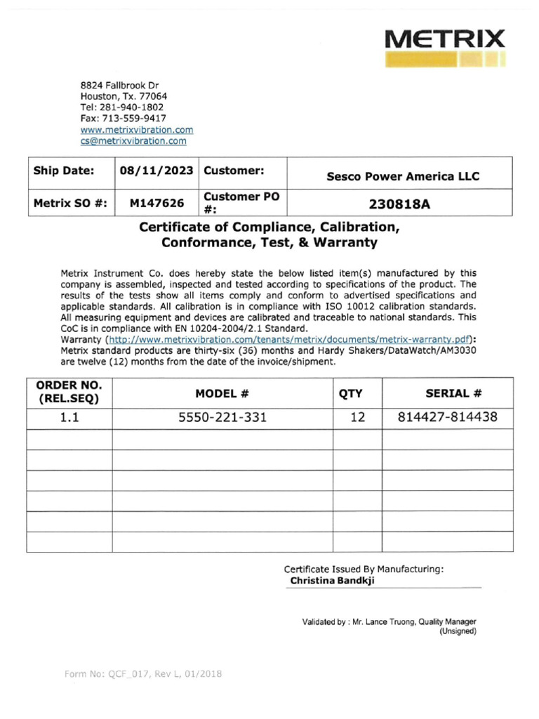 Certi. Vibracion Metrix | PDF