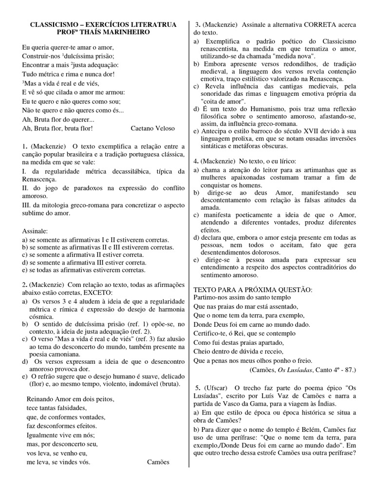 Exercícios Classicismo - Alunos | PDF | Amor | Renascimento