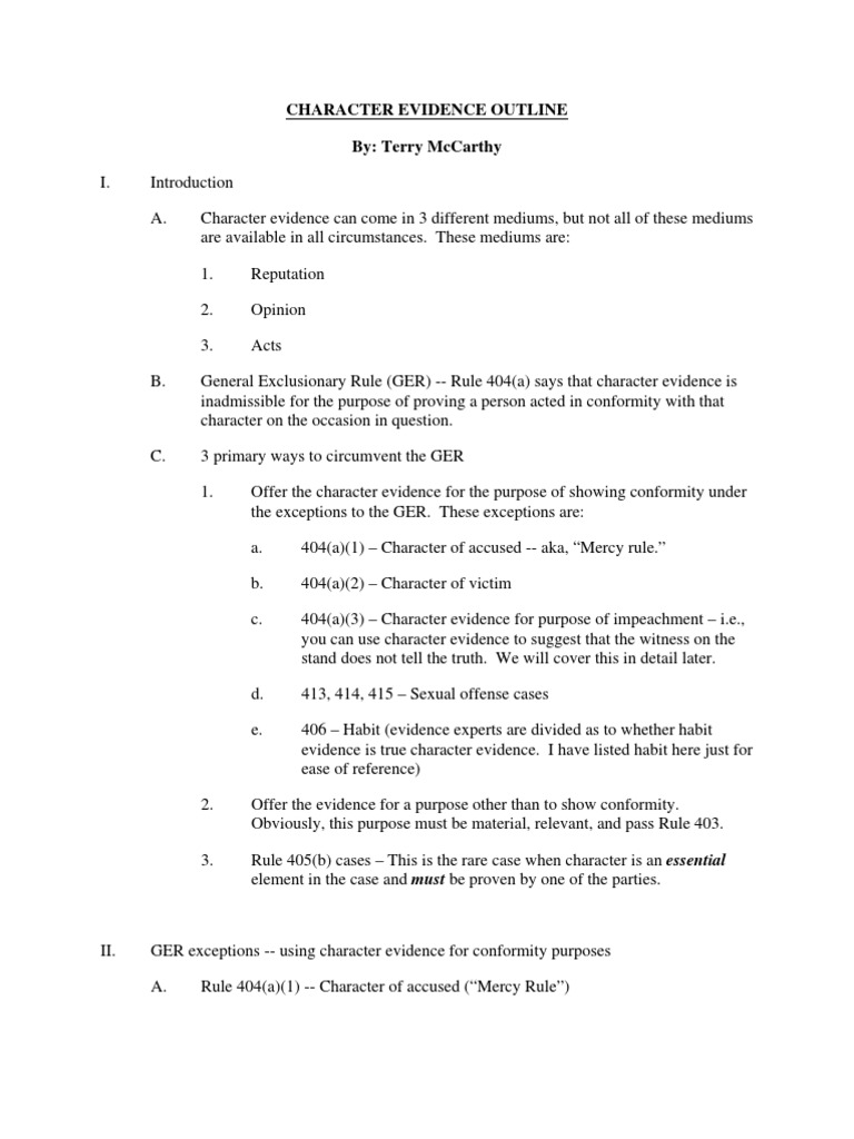 Character Evidence Outline | PDF | Witness | Witness Impeachment