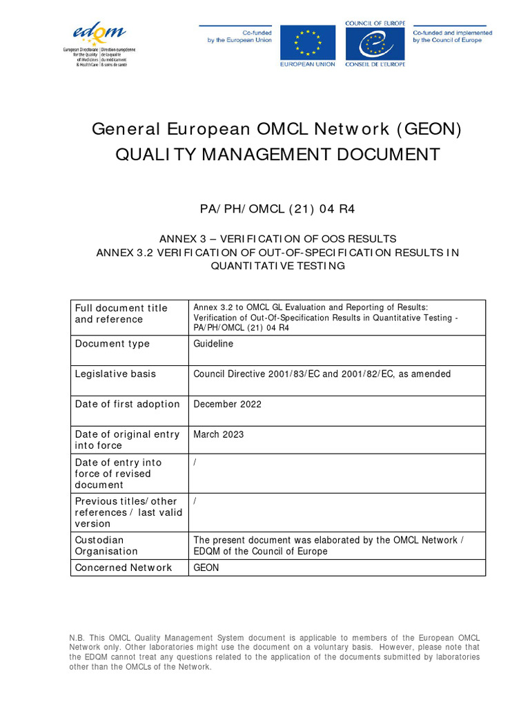 General European OMCL Network (GEON) Quality Management Document | PDF ...