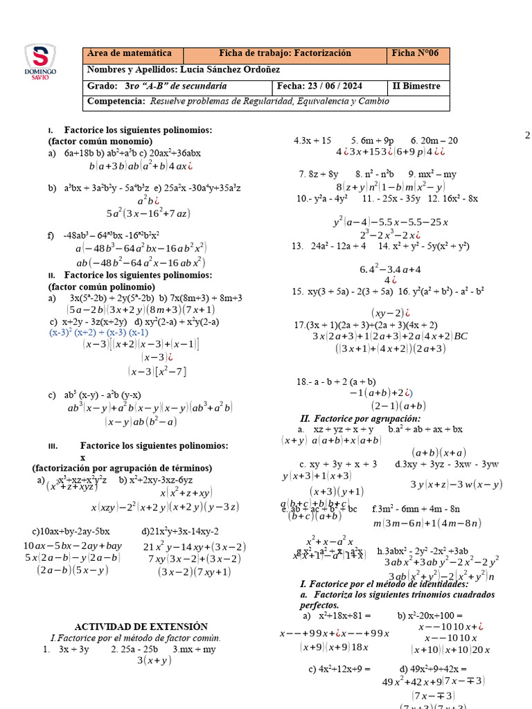 Ficha Nro. 06 - II Bim. 3ro Sec. Factorización | Descargar gratis PDF | Álgebra | Matemáticas
