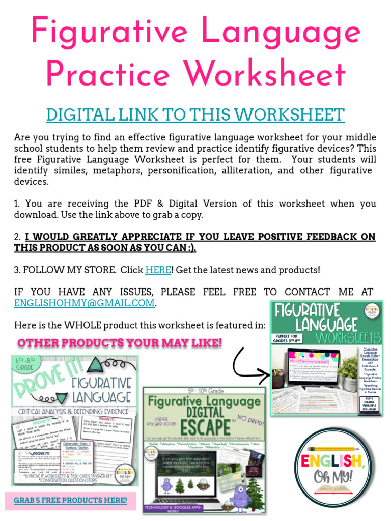 Figurative Language Practice Worksheet: Digital Link To This Worksheet | PDF