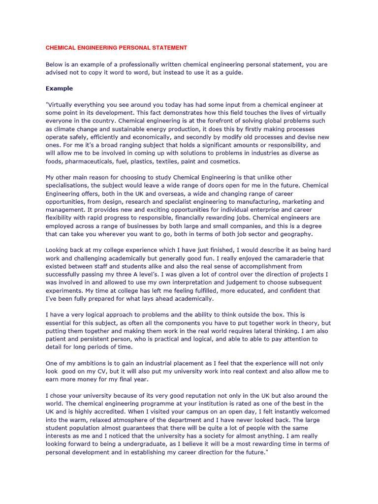 Chemical Engineering Personal Statement | PDF | Engineering | Chemical Engineering