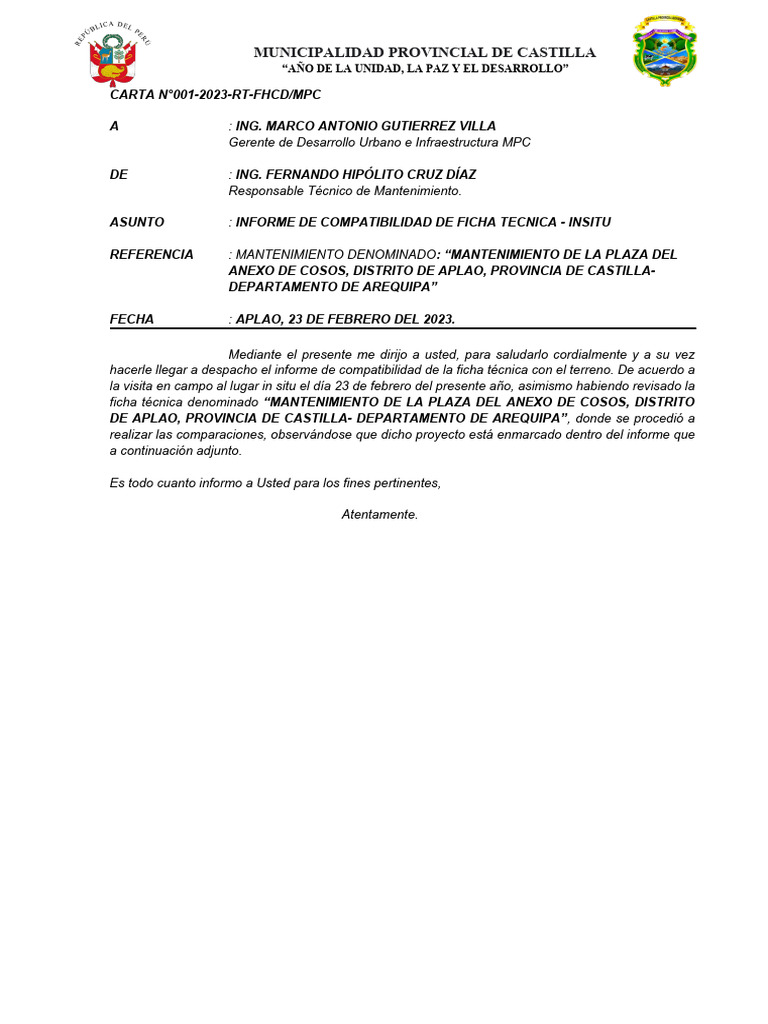 23.02.23 Carta N°01 - Informe de Compatibilidad Cosos | PDF | Presupuesto