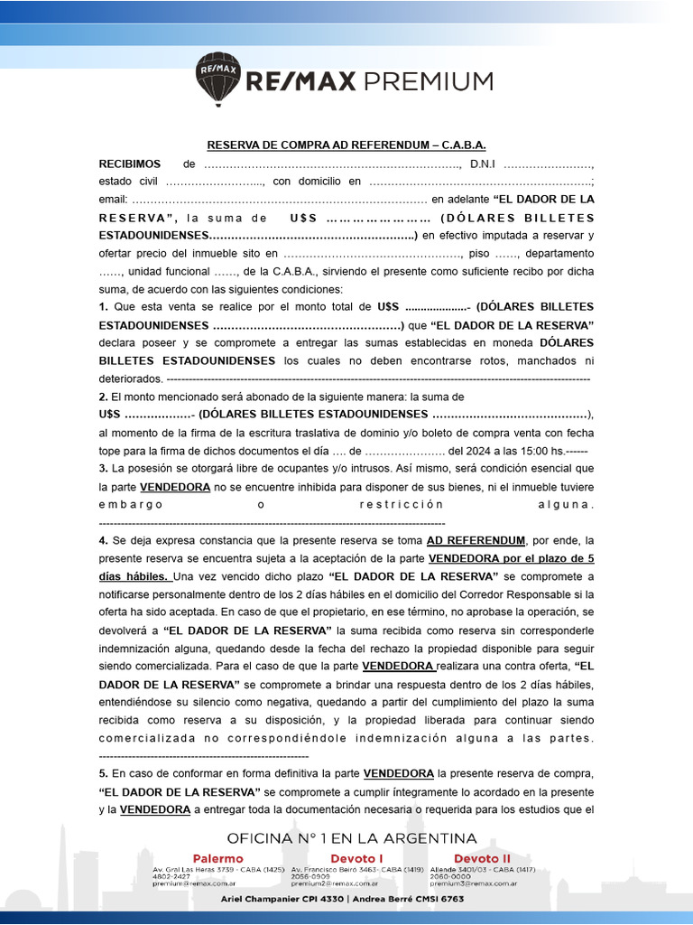 MODELO de Reserva Compraventa Ad Referendum de Aceptación Vendedor 2024 ...