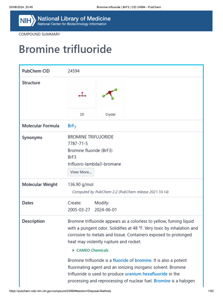 Bromine Trifluoride - BrF3 - CID 24594 - PubChem | PDF | Toxicity | Fires