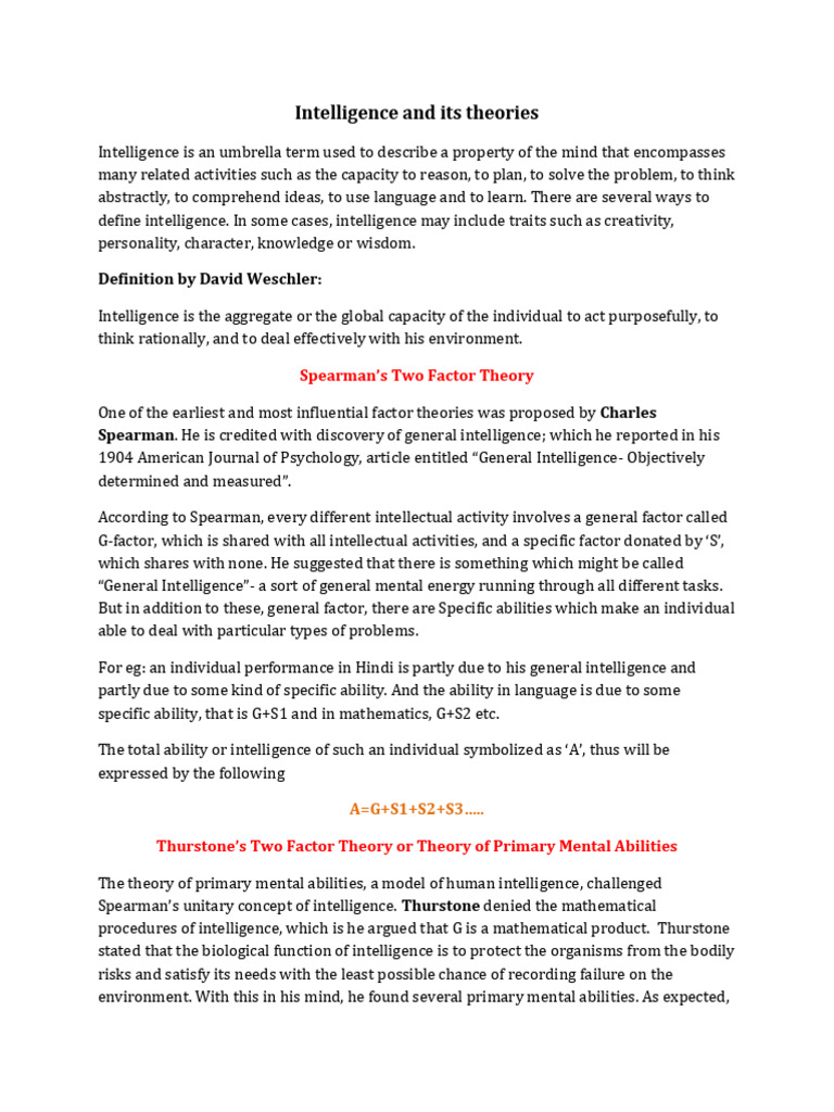 Theories of Intelligence Explained | PDF | Intelligence | Intellectual ...