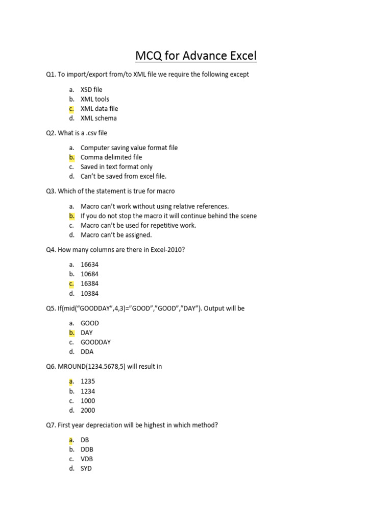 Advanced Excel MCQ Quiz | PDF | Microsoft Excel | Comma Separated Values