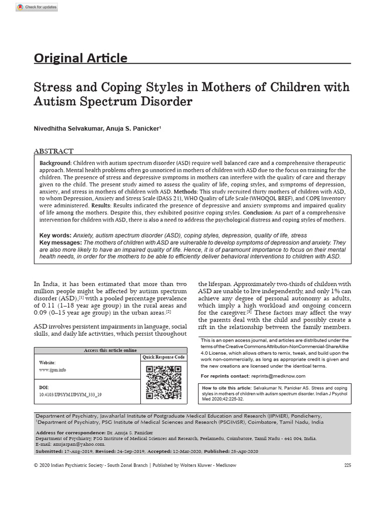 Selvakumar Panicker 2020 Stress and Coping Styles in Mothers of ...