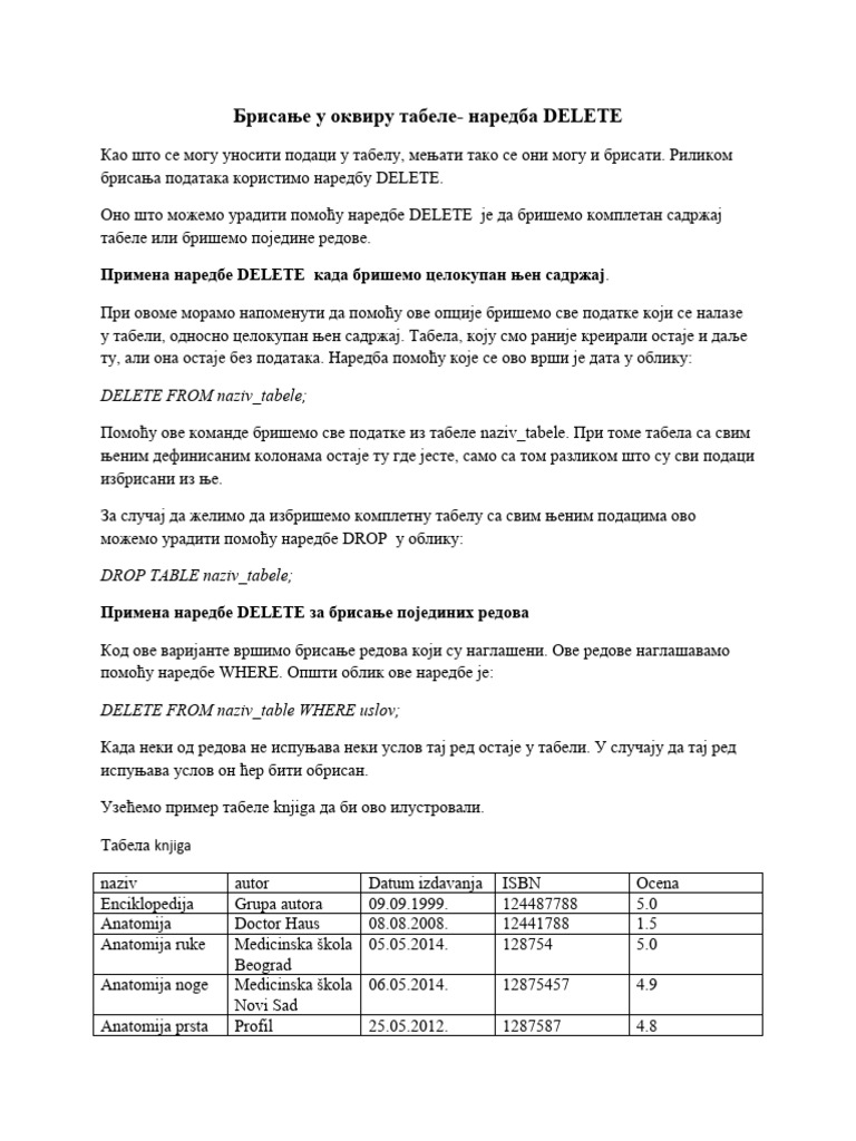 Brisanje U Okviru Tabele - Naredba DELETE | PDF