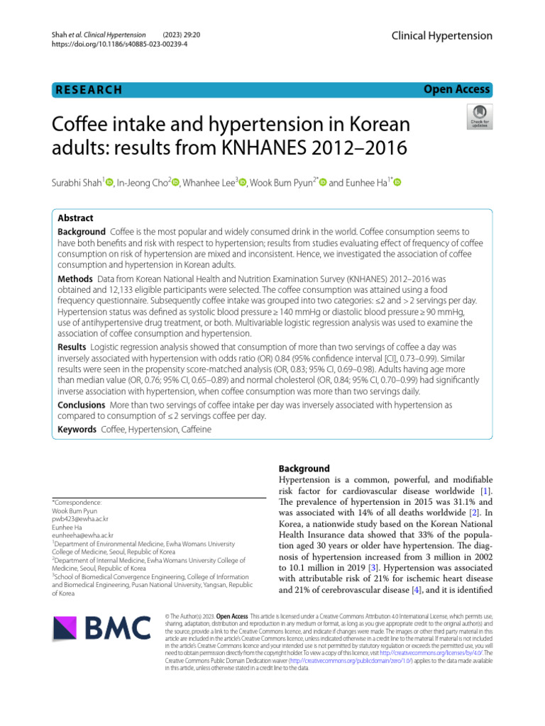 Coffee Intake and Hypertension in Korean Adults Results From KNHANES ...